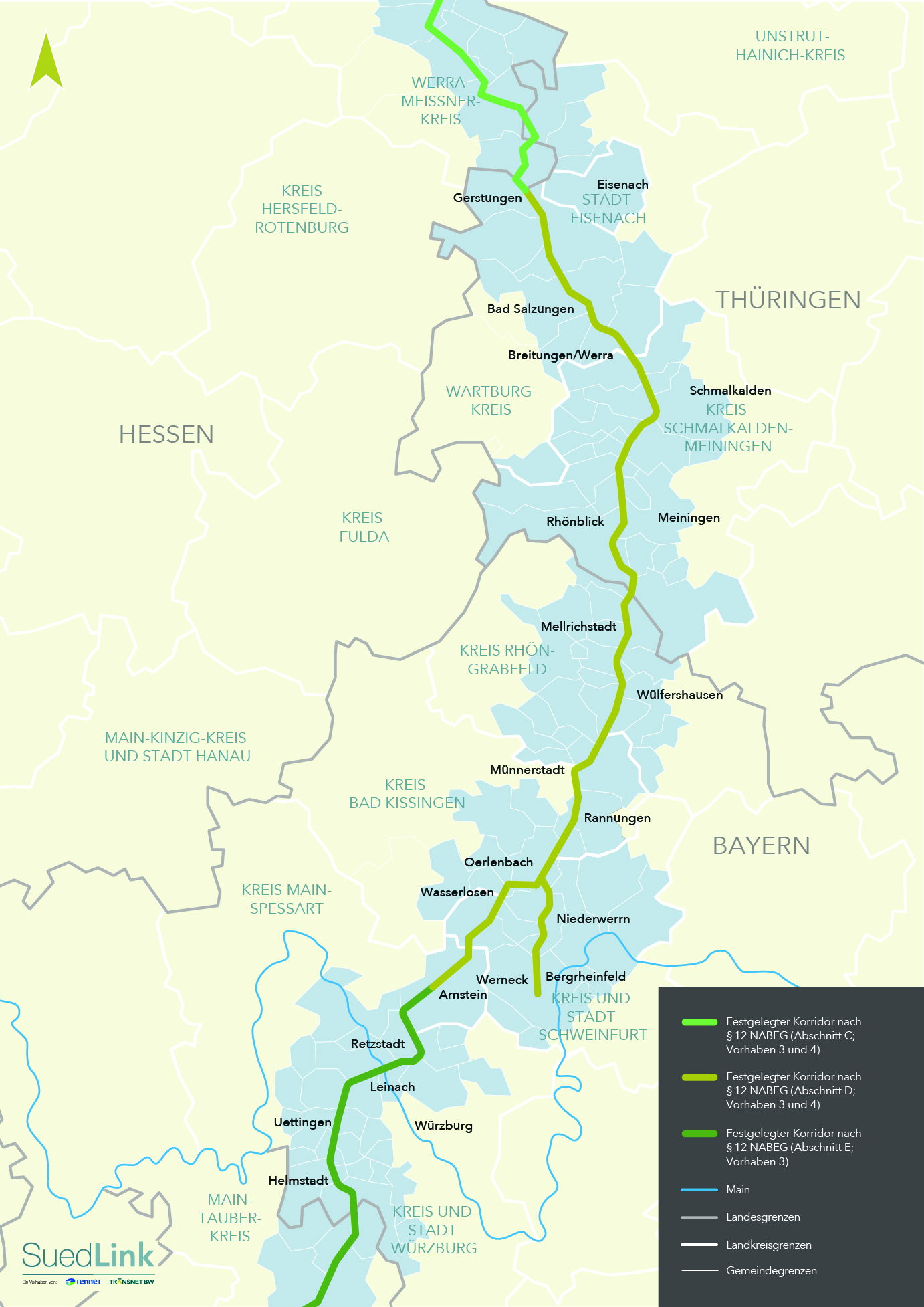 SuedLink-Korridor steht für vier von fünf Abschnitten fest
